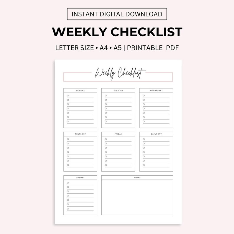 Weekly Checklist Printable, Shopping List, Daily Planner, Weekly To-do ...