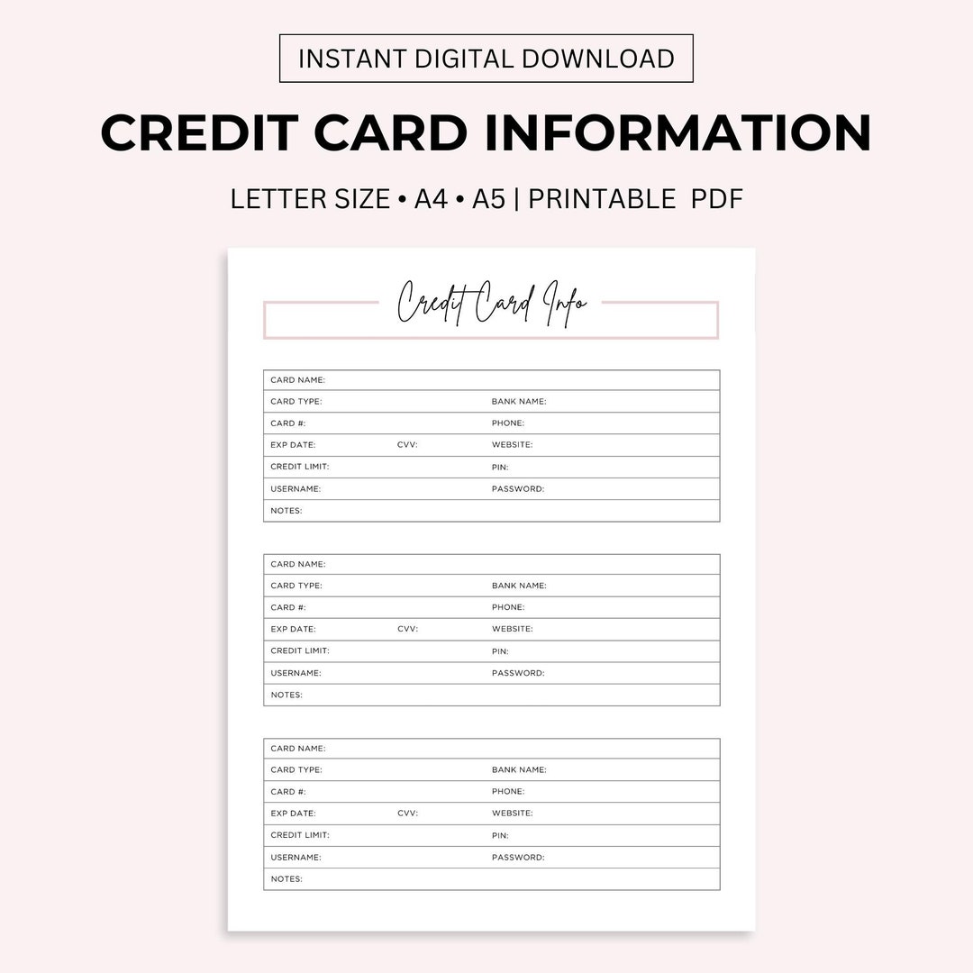 Credit Card Information Tracker Printable, Credit Card Log - Etsy