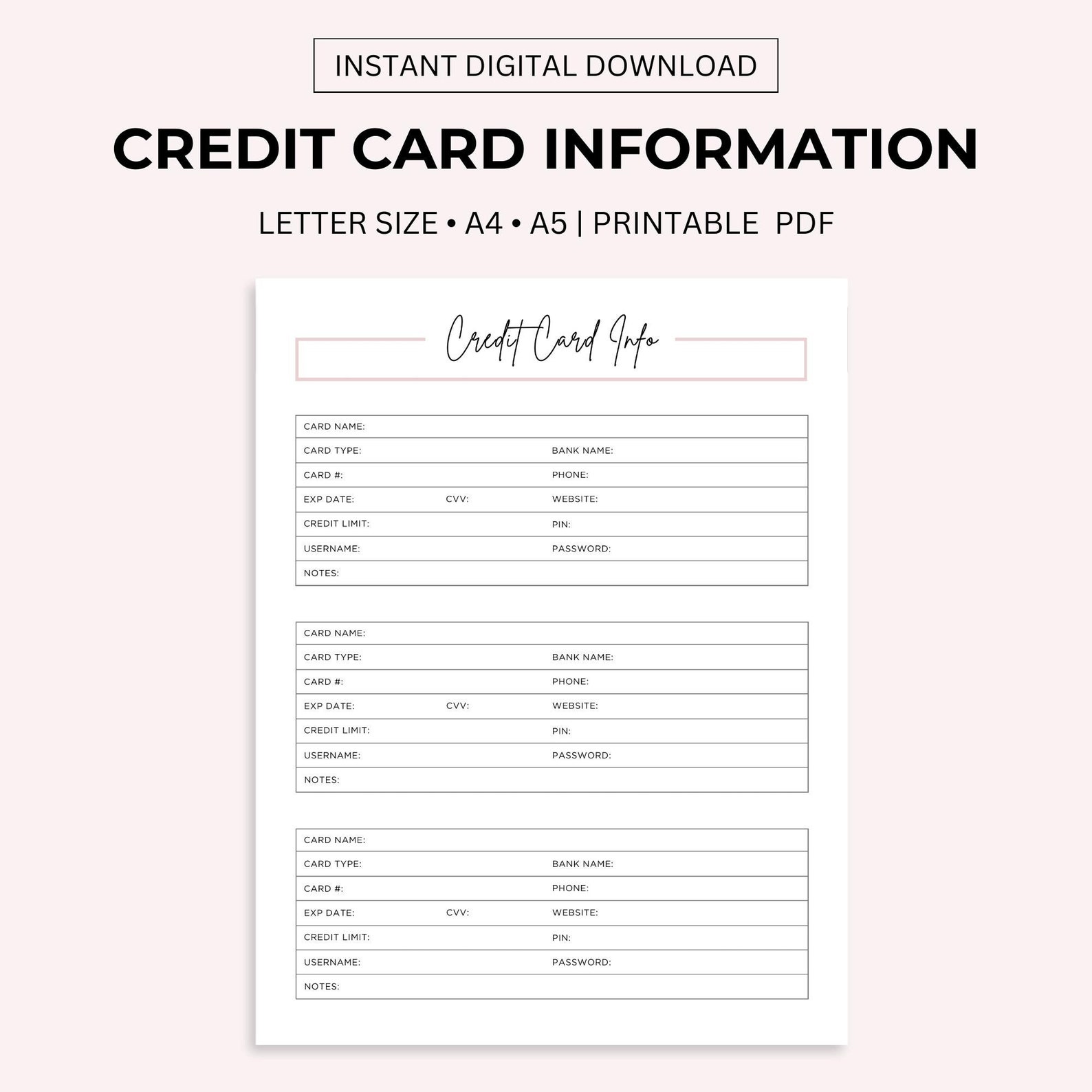 Credit Card Information Tracker Printable, Credit Card Log - Etsy