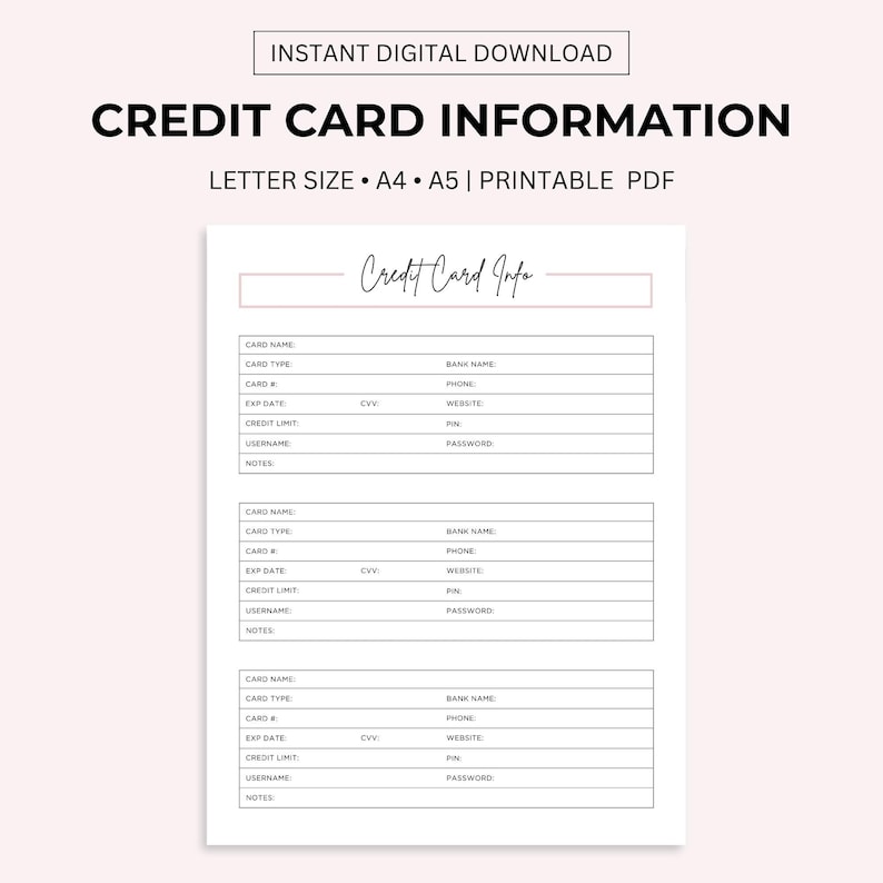 Credit Card Information Tracker Printable (PDF) - Etsy
