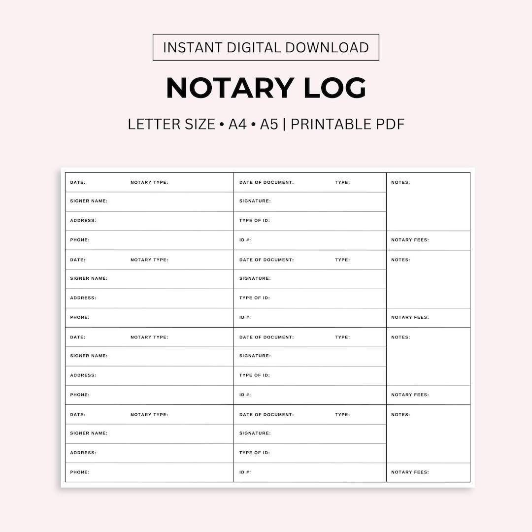 Notary Log Printable: A4, A5, Letter Size (PDF Download) - Etsy