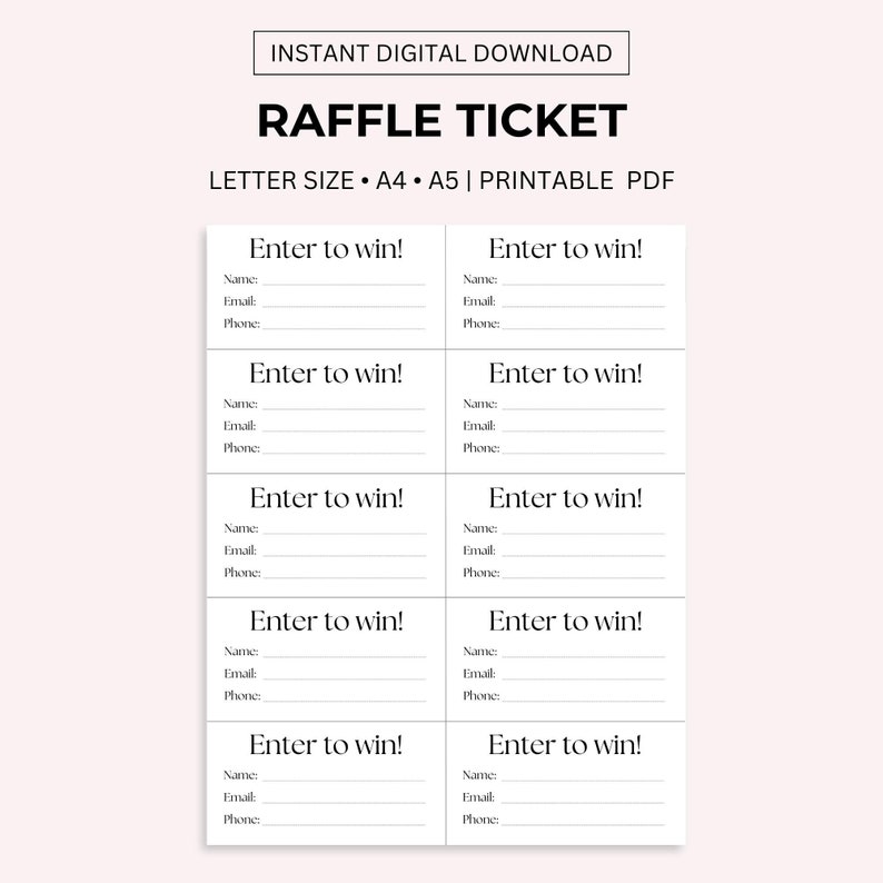 Raffle Ticket Printable, Enter to Win Ticket, Giveaway Ticket, Event ...