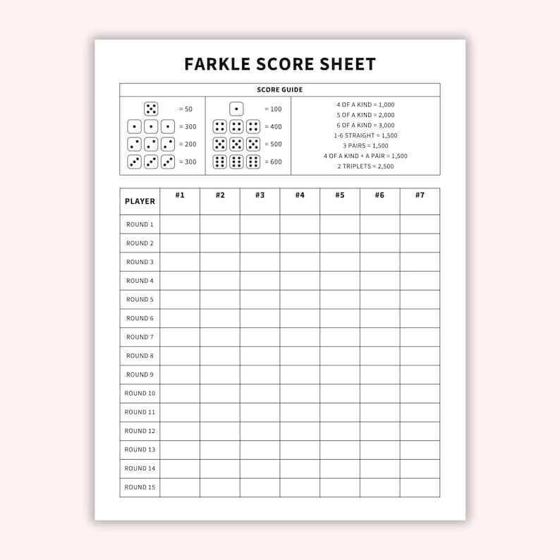 Farkle Score Sheet: Family Game Scorecard (printable PDF) - Etsy