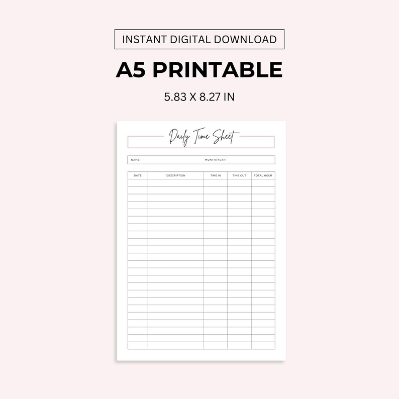 Daily Time Sheet Printable, Work Schedule, Daily Work Hours Log, Time ...