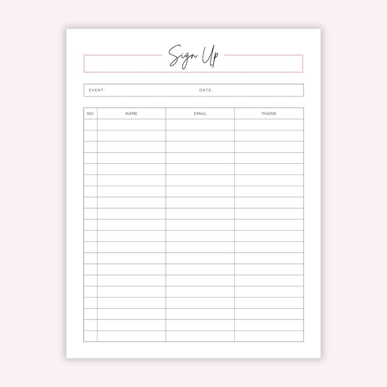 Event Sign up Sheet Printable: A4/a5/letter Size (PDF) - Etsy