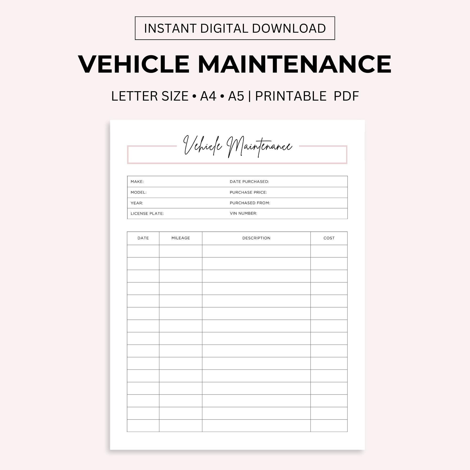 Vehicle Maintenance Log Printable: Repair Checklist (PDF) - Etsy