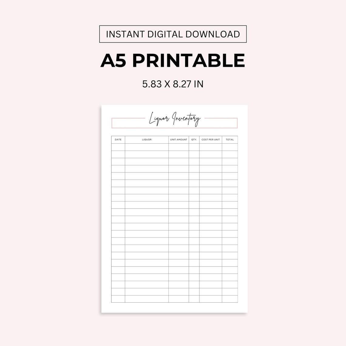 Liquor Inventory Printable, Bar Inventory, Cocktail Beverage Supply ...