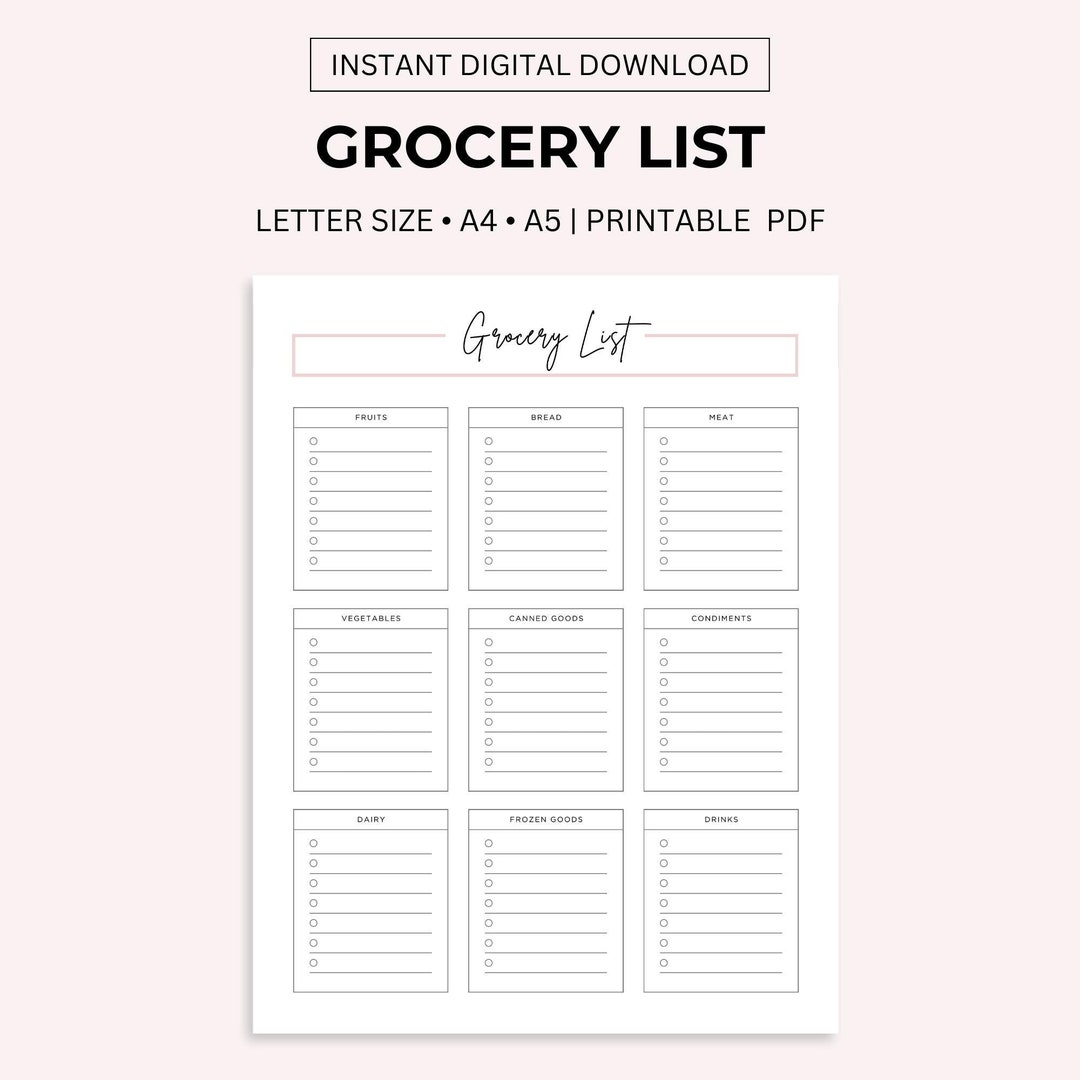 Printable Grocery List: A4, A5, Letter Size (PDF Download) - Etsy UK