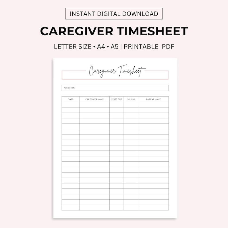 Caregiver Timesheet Printable: Home Health Care Time Sheet (PDF) - Etsy