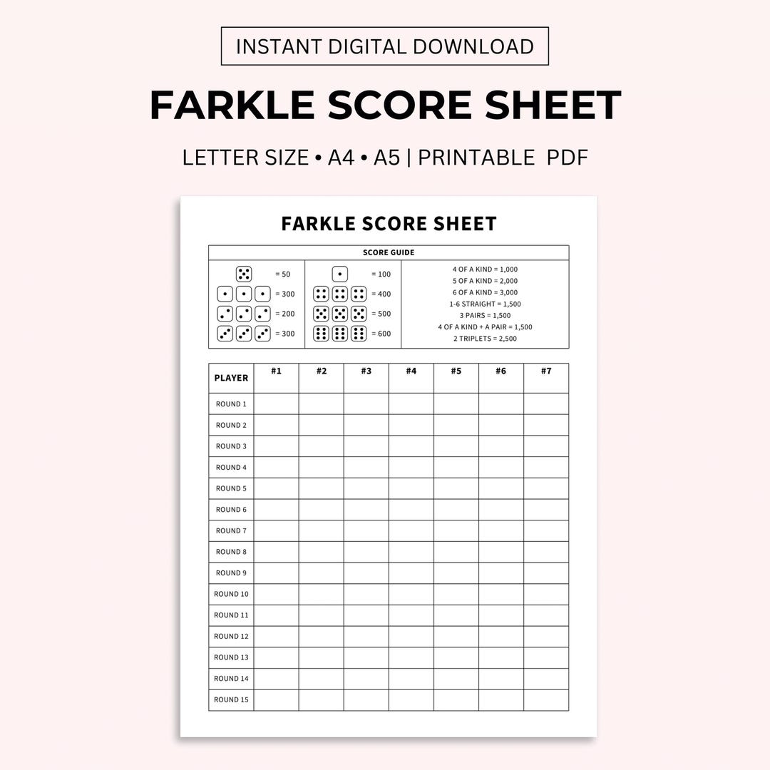 Farkle Score Sheet: Family Game Scorecard (printable PDF) - Etsy