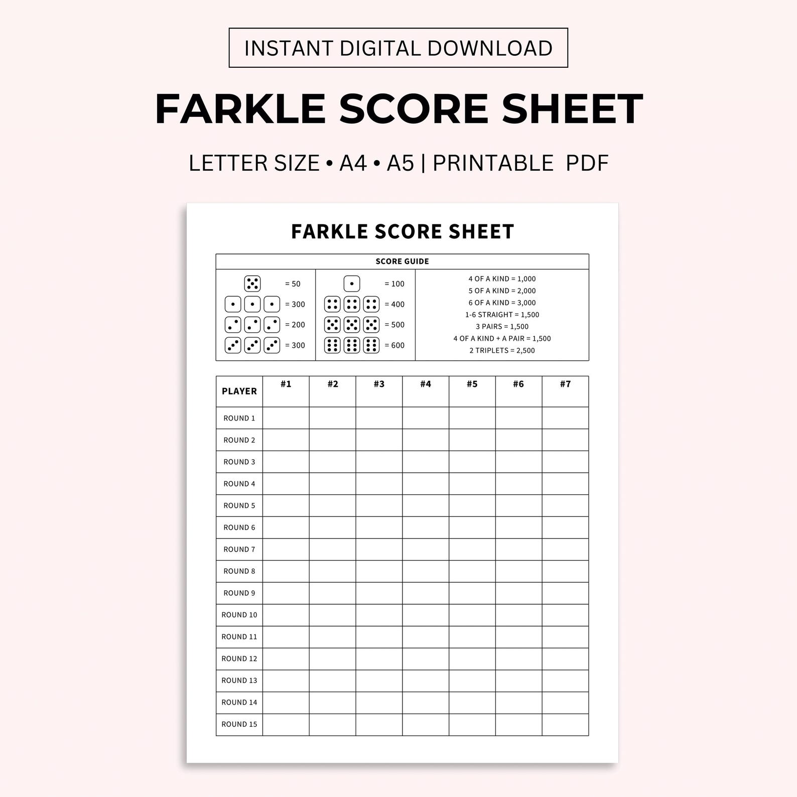 Farkle Score Sheet: Family Game Scorecard (printable PDF) - Etsy