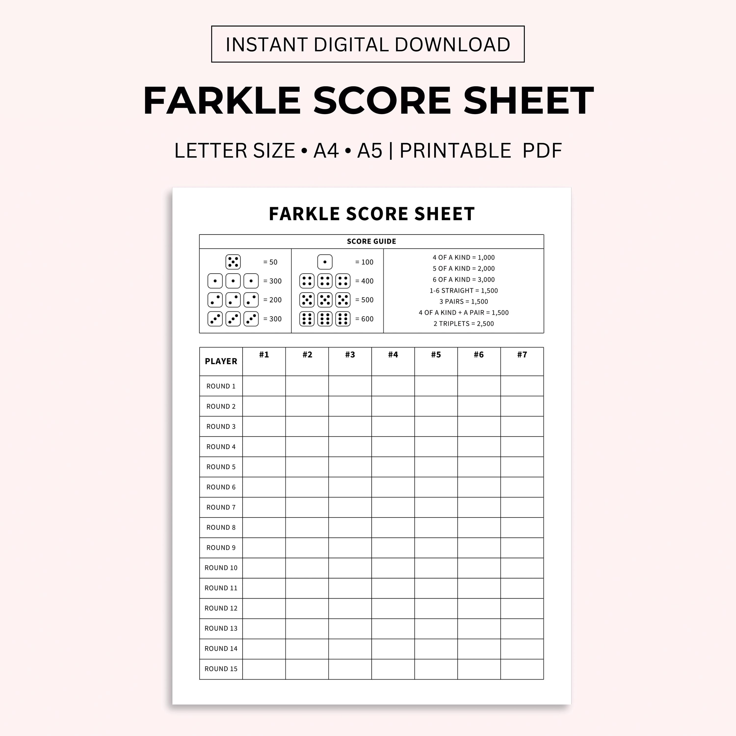 Farkle Score Sheet: Family Game Scorecard (printable PDF) - Etsy