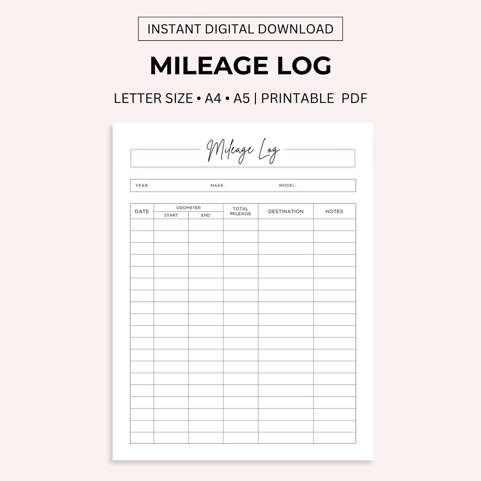 Mileage Log Printable: Work Trip Miles Tracker (letter/a4/a5 PDF) - Etsy