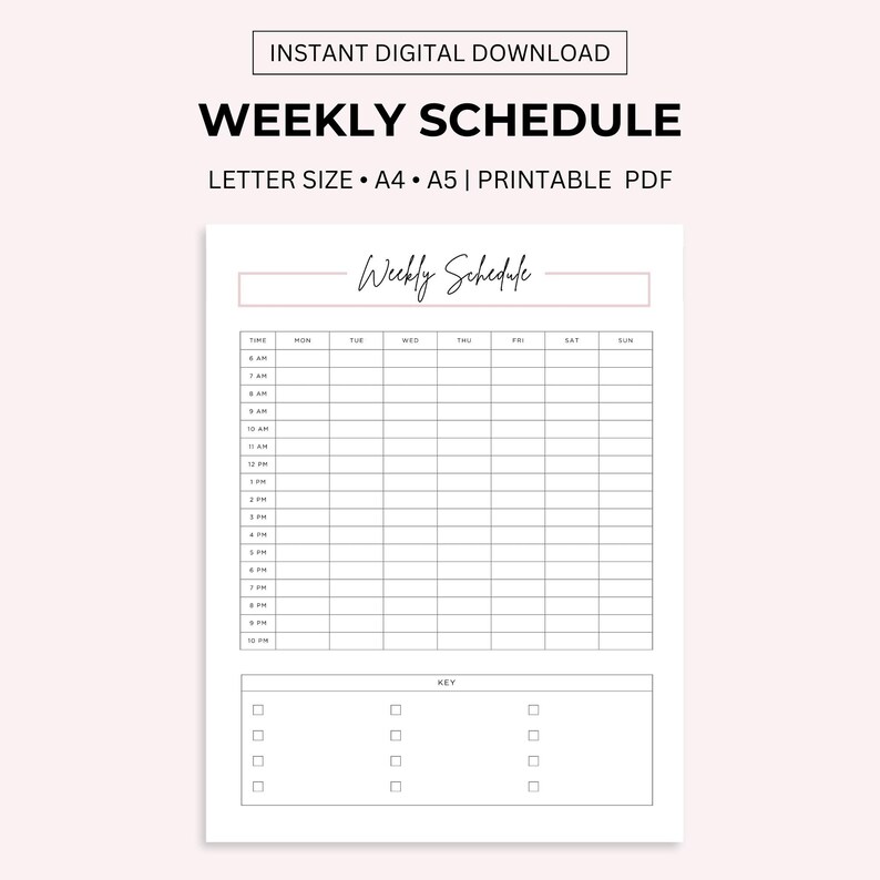 Hourly Weekly Schedule Printable, Weekly Planner, Week at a Glance ...