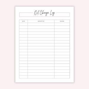 Oil Change Log Printable, Oil Change Tracker, Oil Change Record, Oil ...