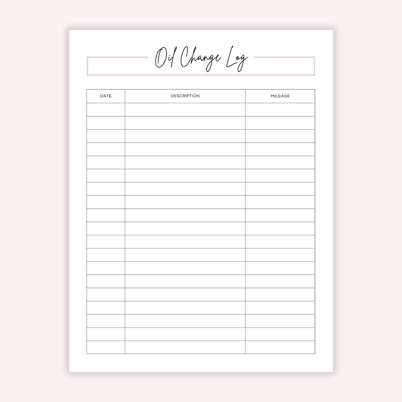 Oil Change Log Printable, Oil Change Tracker, Oil Change Record, Oil ...