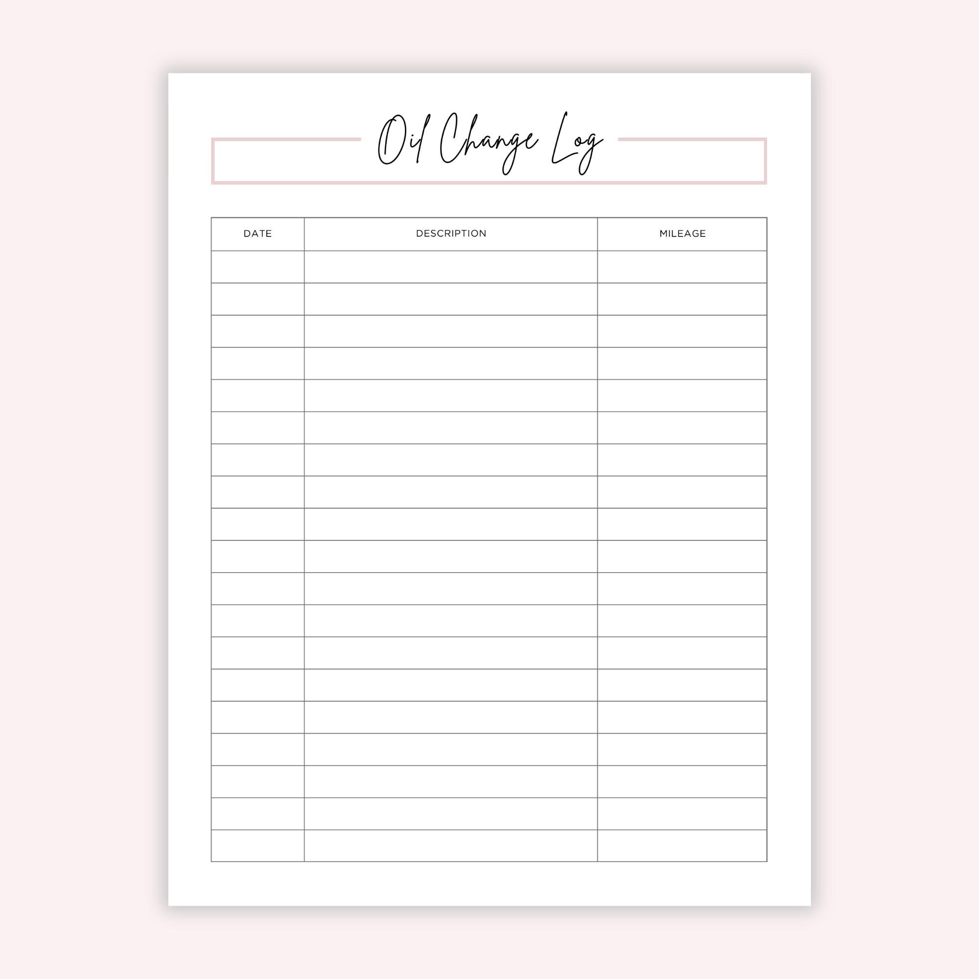 Oil Change Log Printable, Oil Change Tracker, Oil Change Record, Oil ...