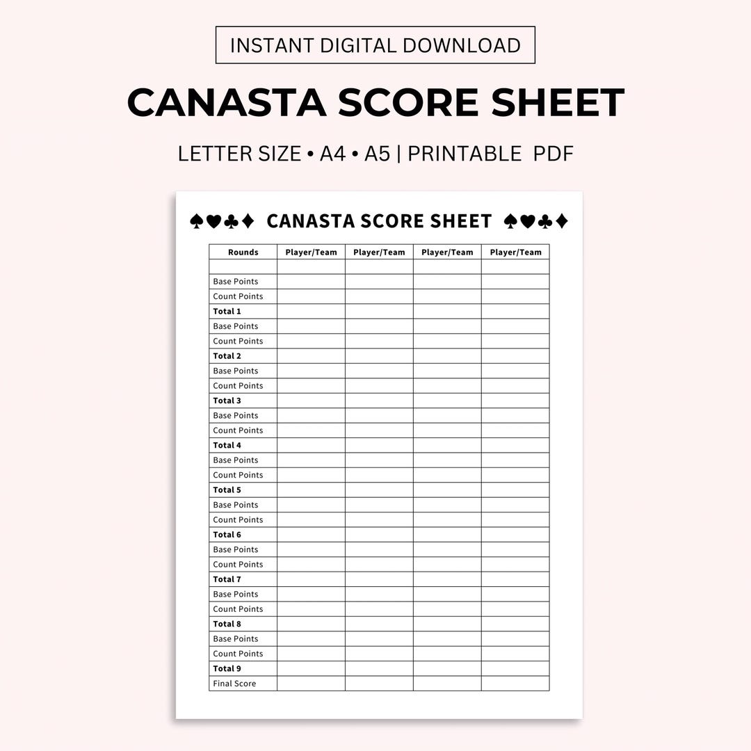 Canasta Score Sheet: Printable Scorecard (letter/a4/a5 PDF) - Etsy