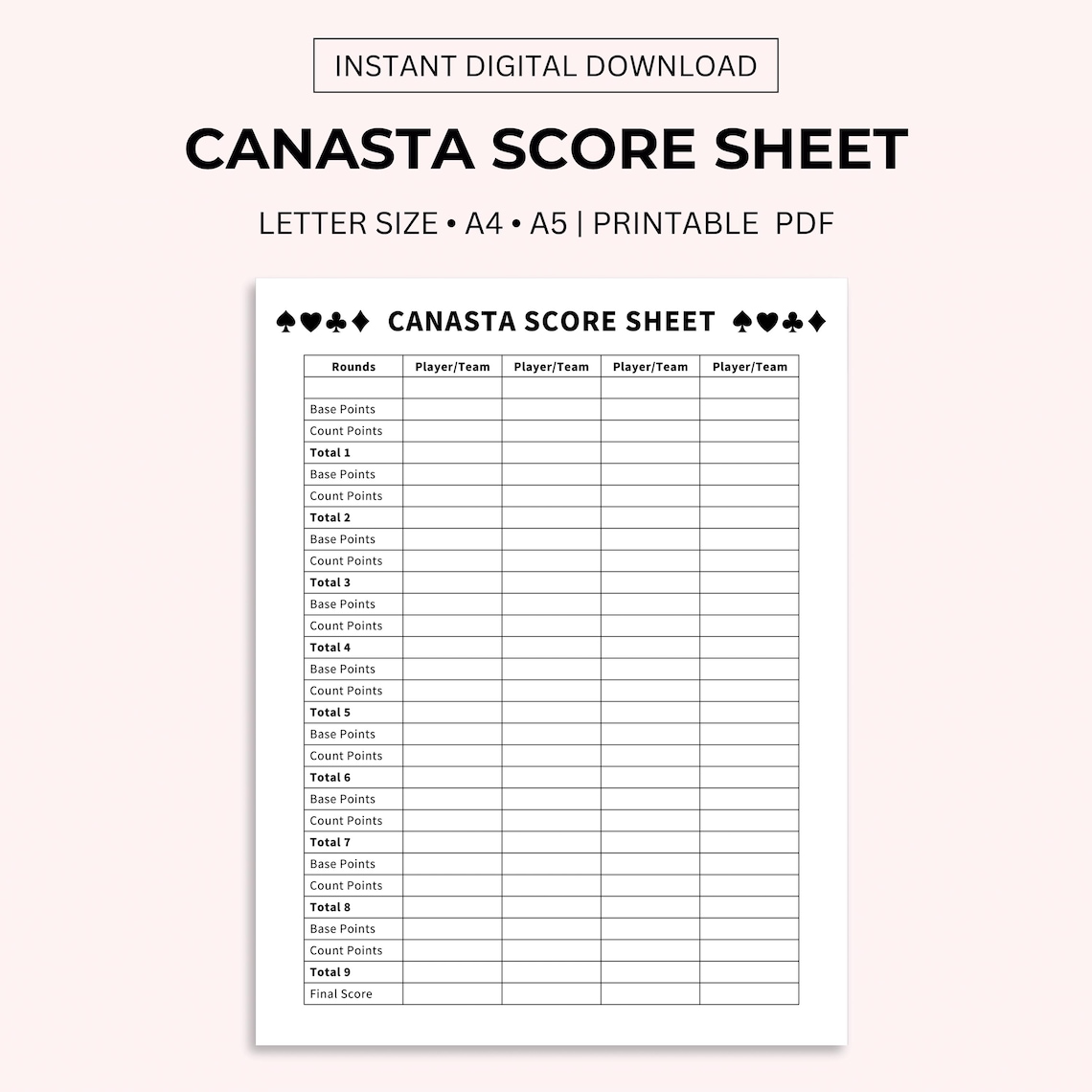 Canasta Score Sheet: Printable Scorecard (letter/a4/a5 PDF) - Etsy