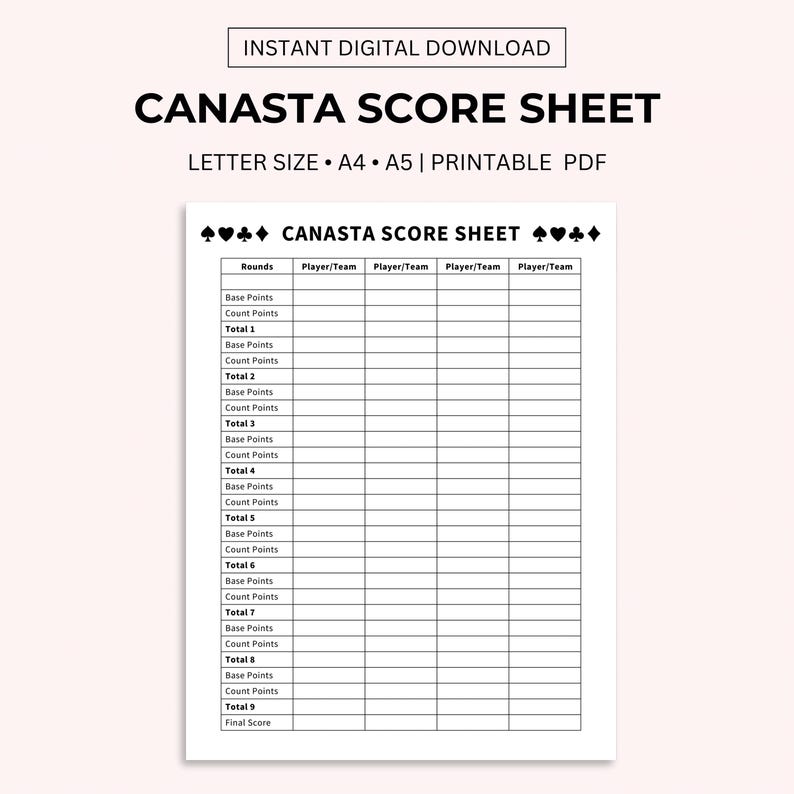 Canasta Score Sheet: Printable Scorecard (letter/a4/a5 PDF) - Etsy