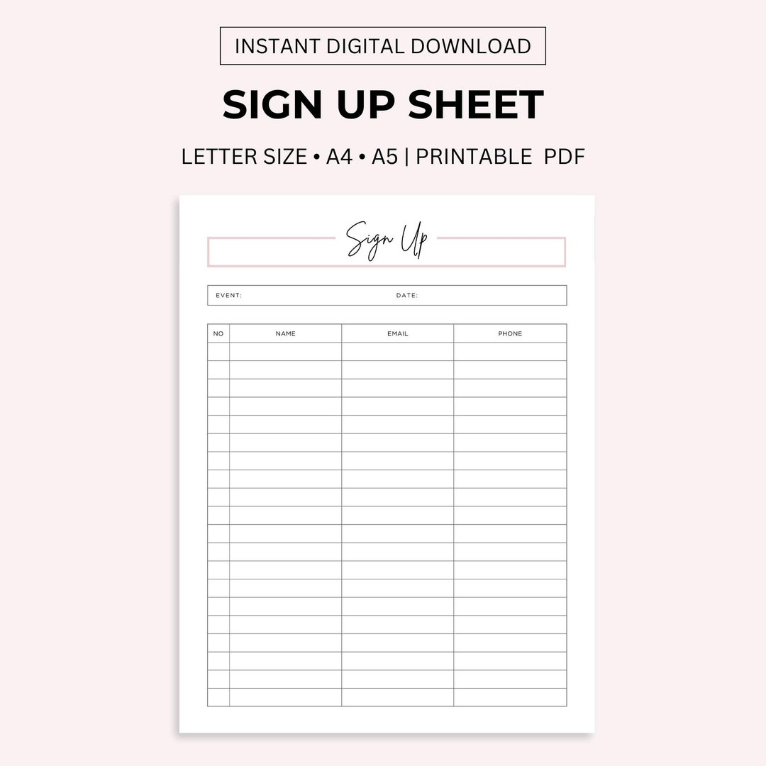 Event Sign up Sheet Printable: A4/a5/letter Size (PDF) - Etsy