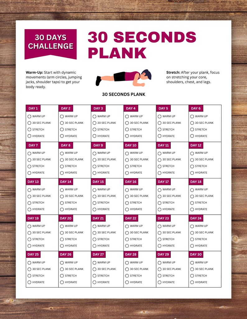 30-day Plank Challenge: Fitness Tracker Printable (PDF) - Etsy