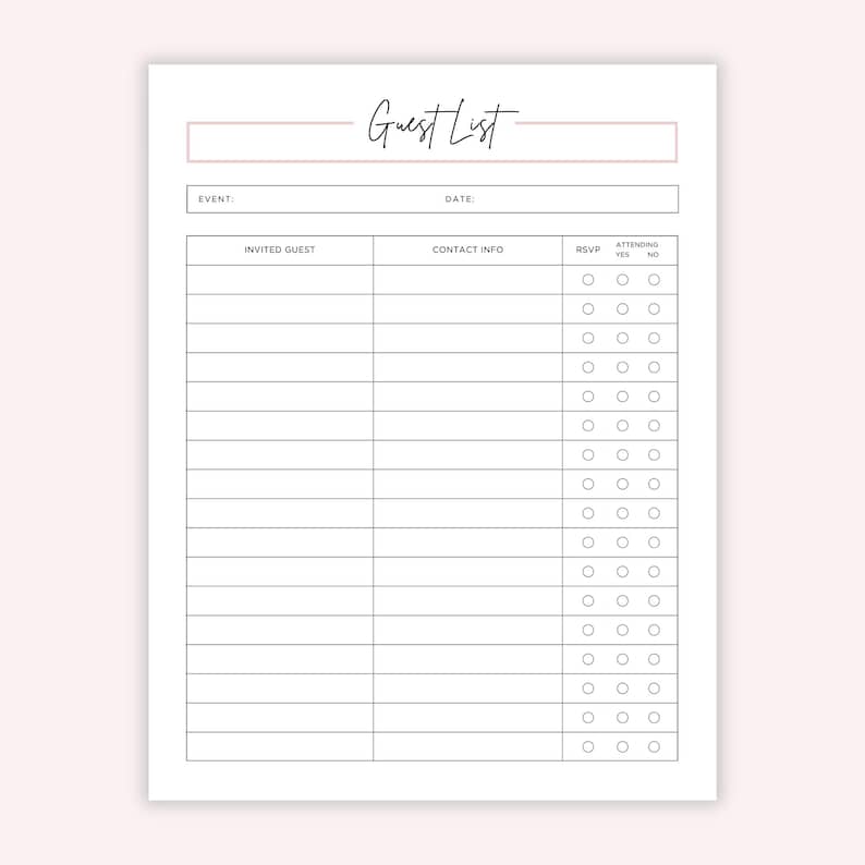 Wedding Guest List Template: RSVP Tracker (printable PDF) - Etsy
