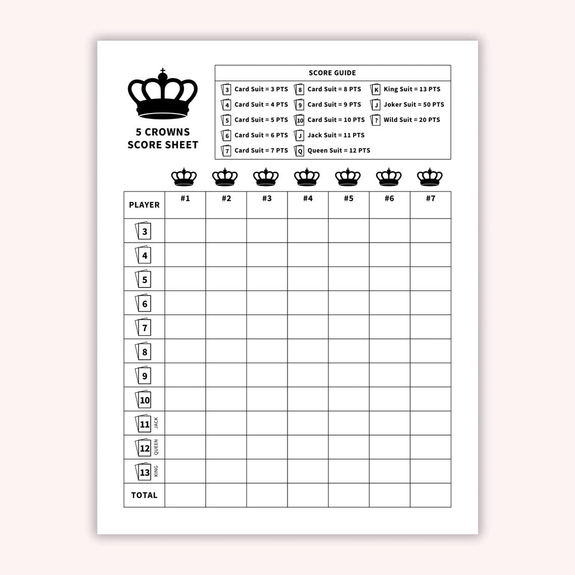 5 Crowns Score Sheet, 3 to 13 Score Sheet, Printable 5 Crowns Score ...
