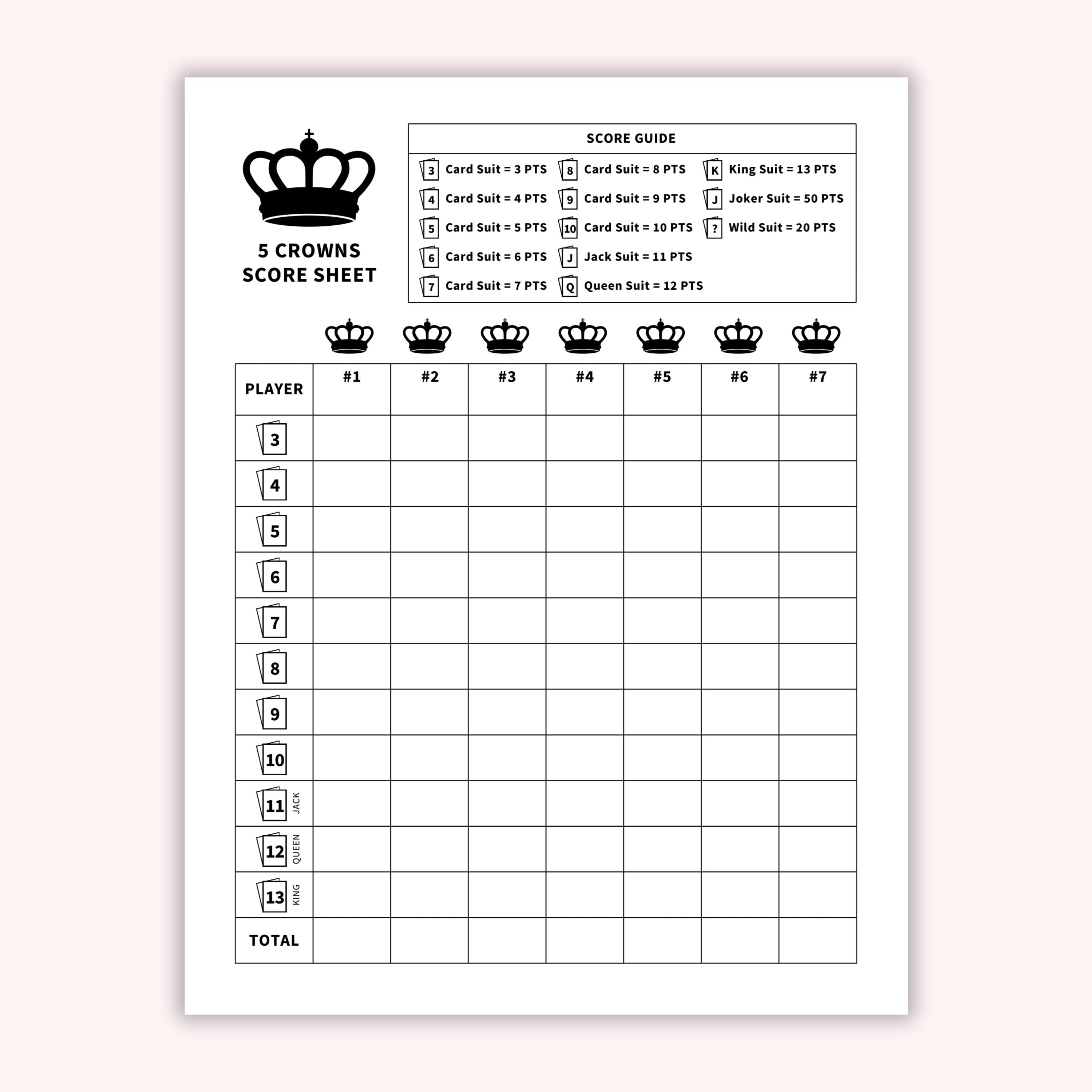 5 Crowns Score Sheet: Printable Score Card (letter/a4/a5 Digital ...