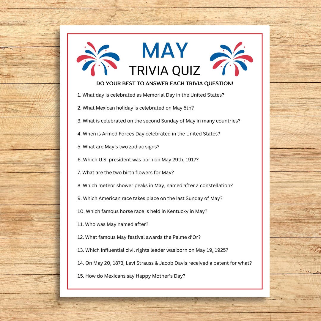 May Trivia, May Quiz (printable PDF) - Etsy
