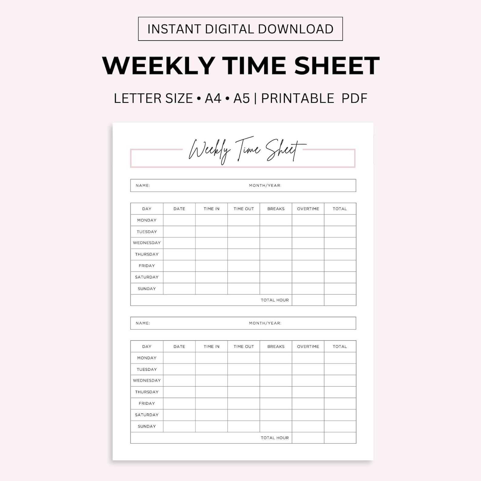 Weekly Time Sheet Printable: Work Hours Log (letter/a4/a5 PDF) - Etsy