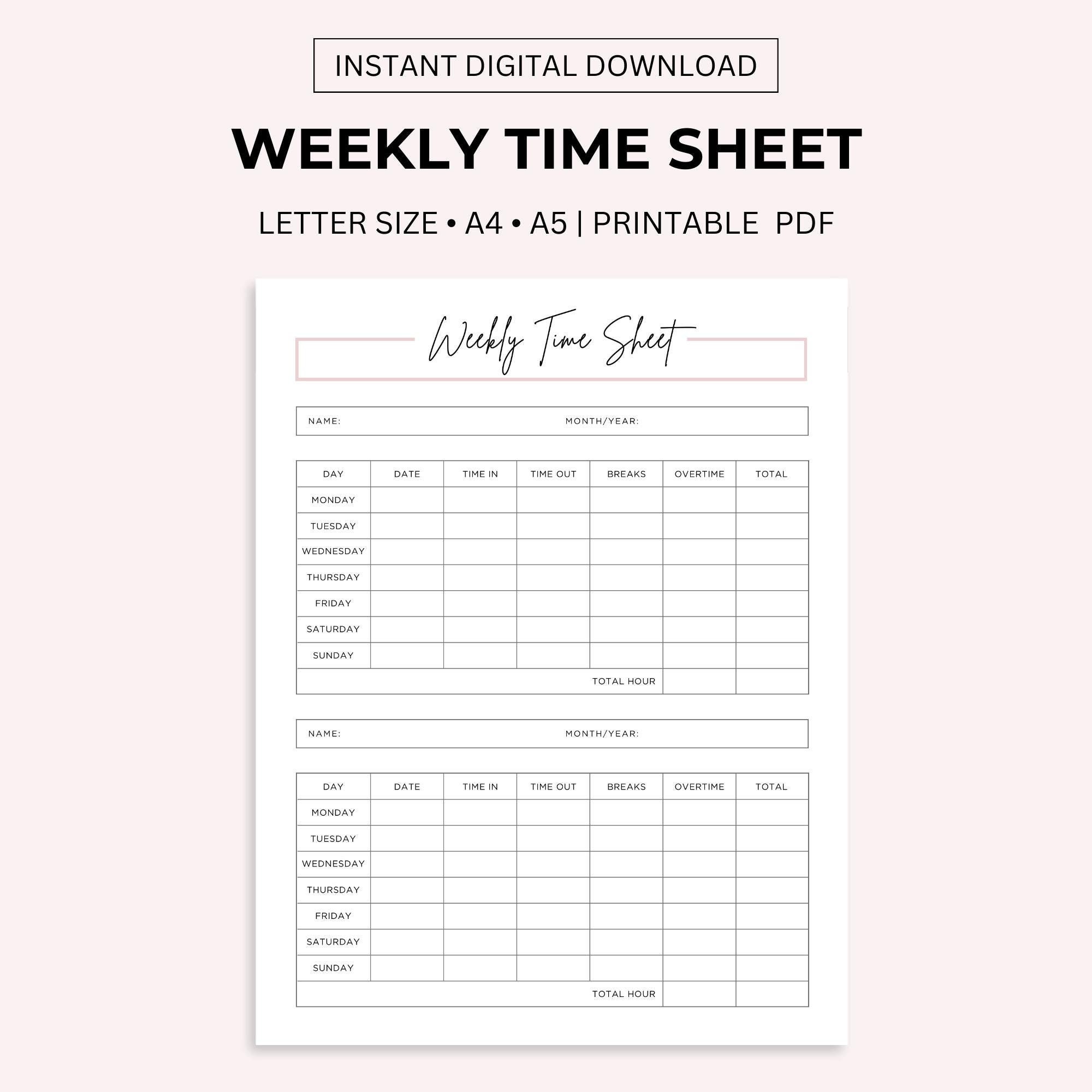 Weekly Time Sheet Printable: Work Hours Log (letter/a4/a5 PDF) - Etsy