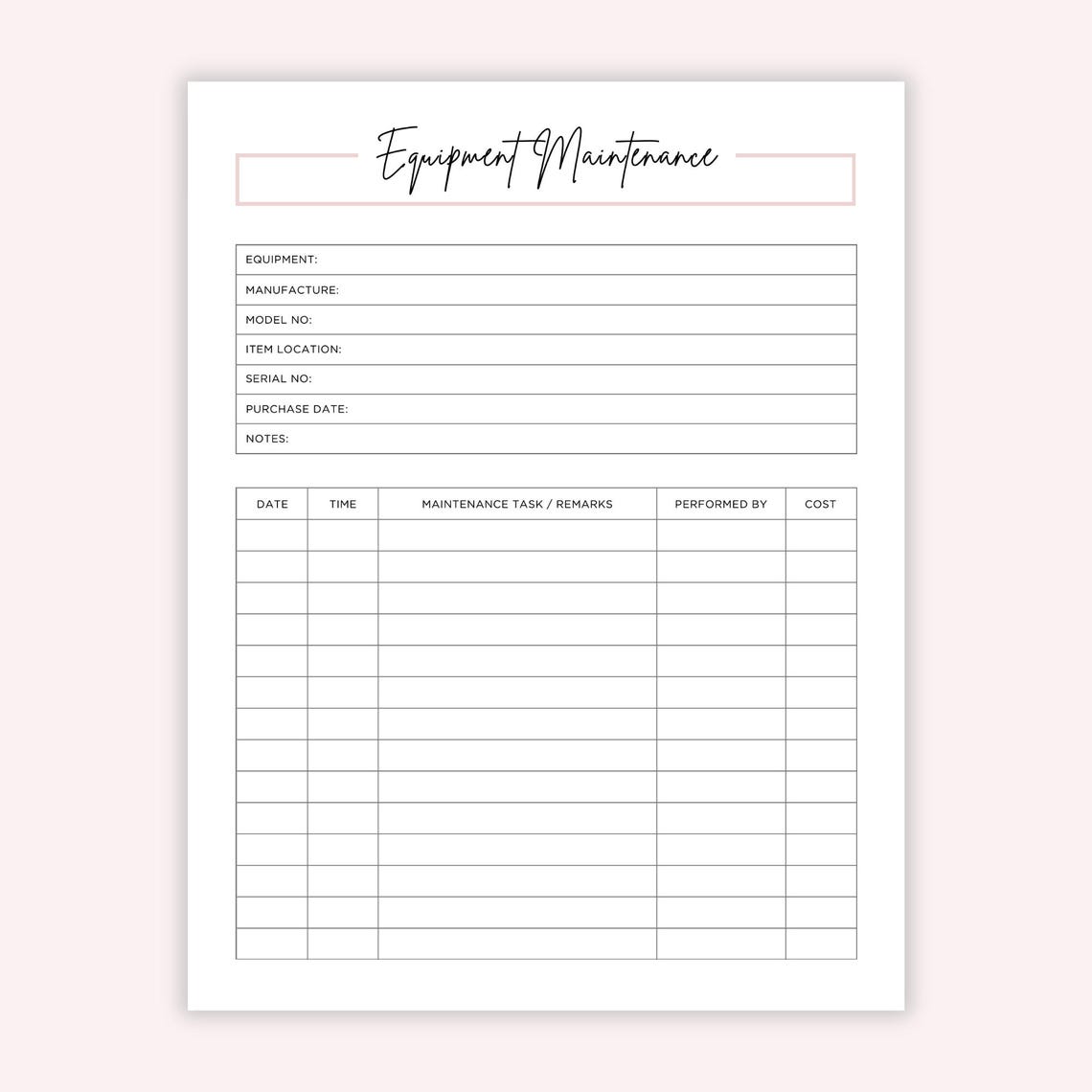 Equipment Maintenance Tracker Printable, Repair and Preventative ...
