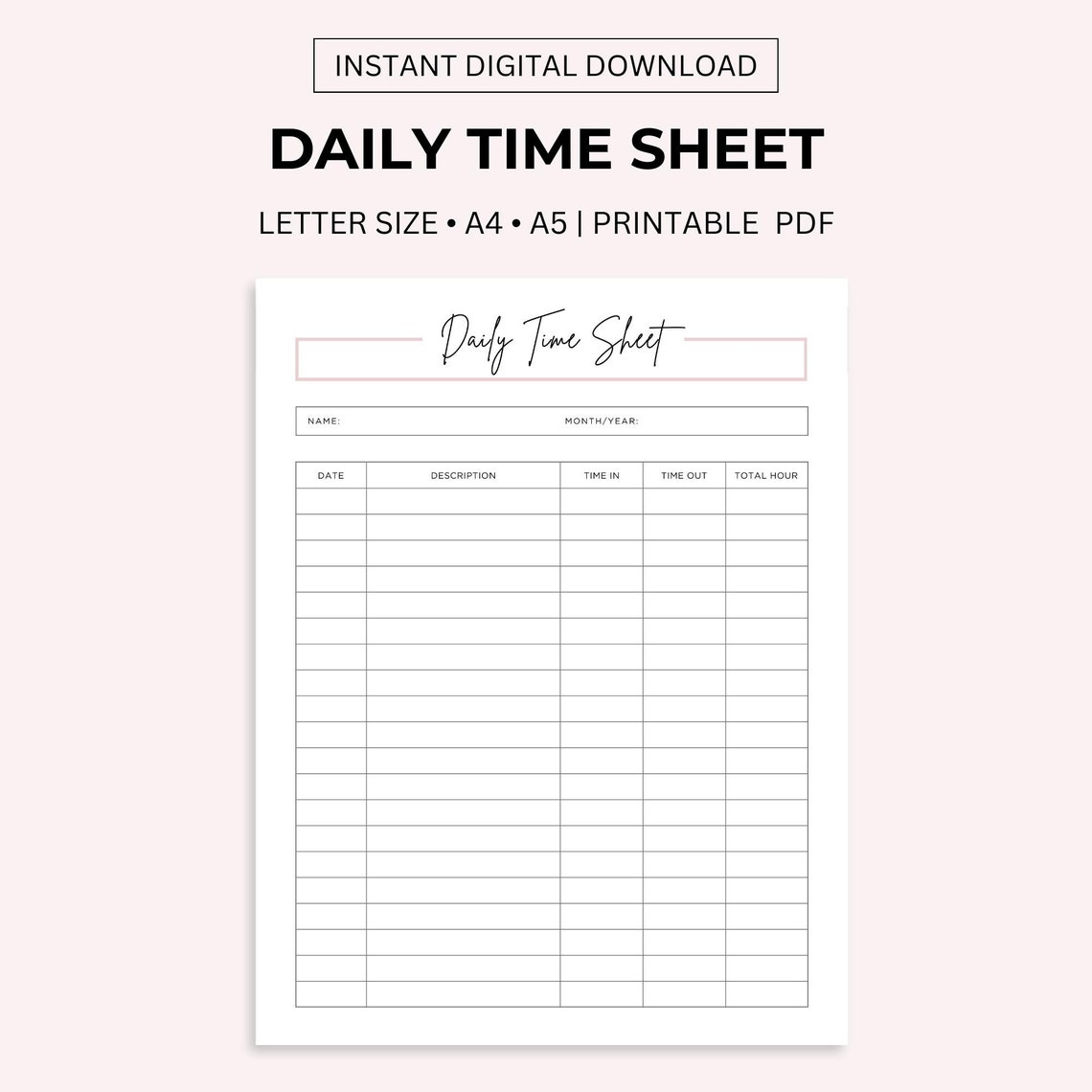 Daily Time Sheet Printable, Work Schedule, Daily Work Hours Log, Time ...