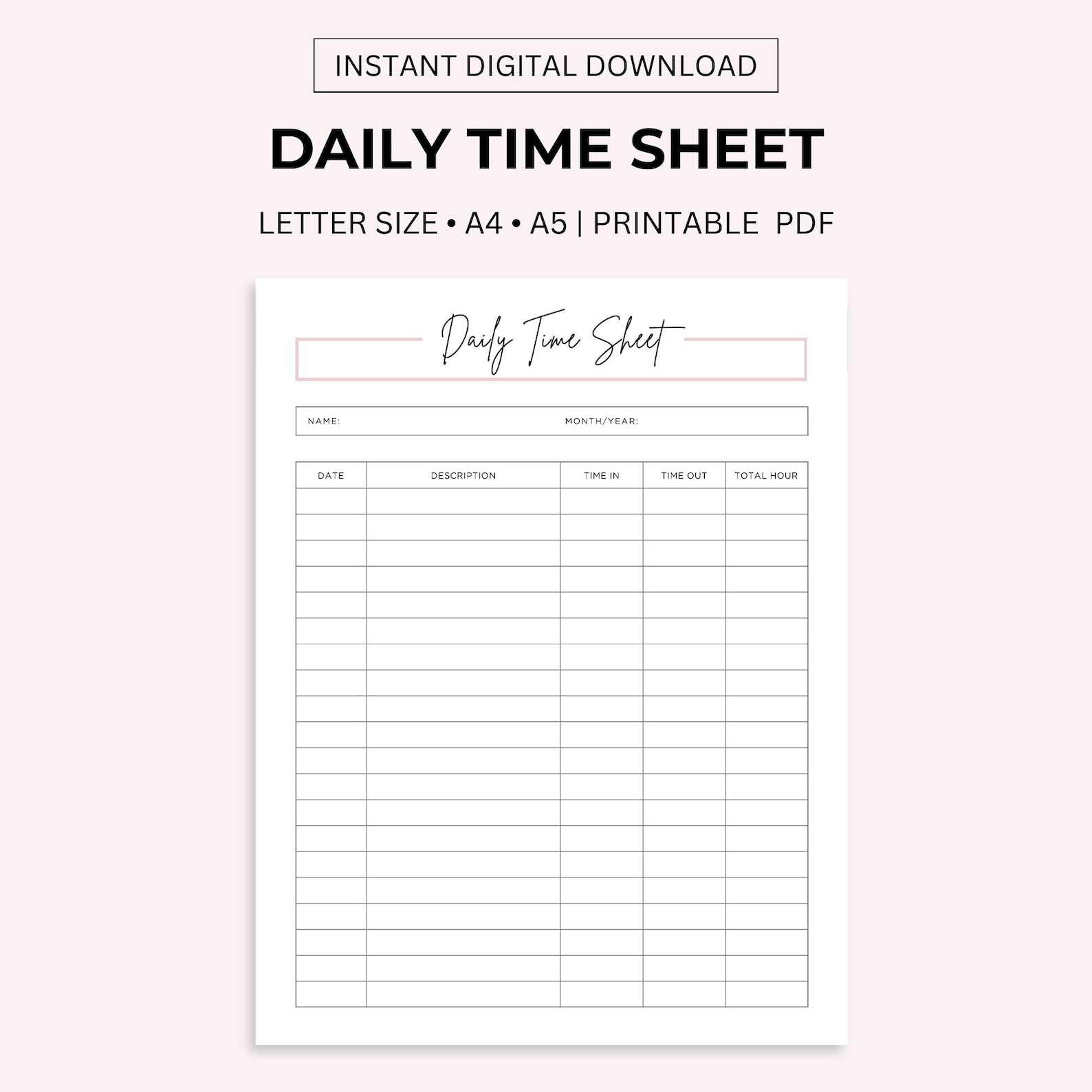 Daily Time Sheet Printable: Work Schedule Log (letter/a4/a5 PDF) - Etsy