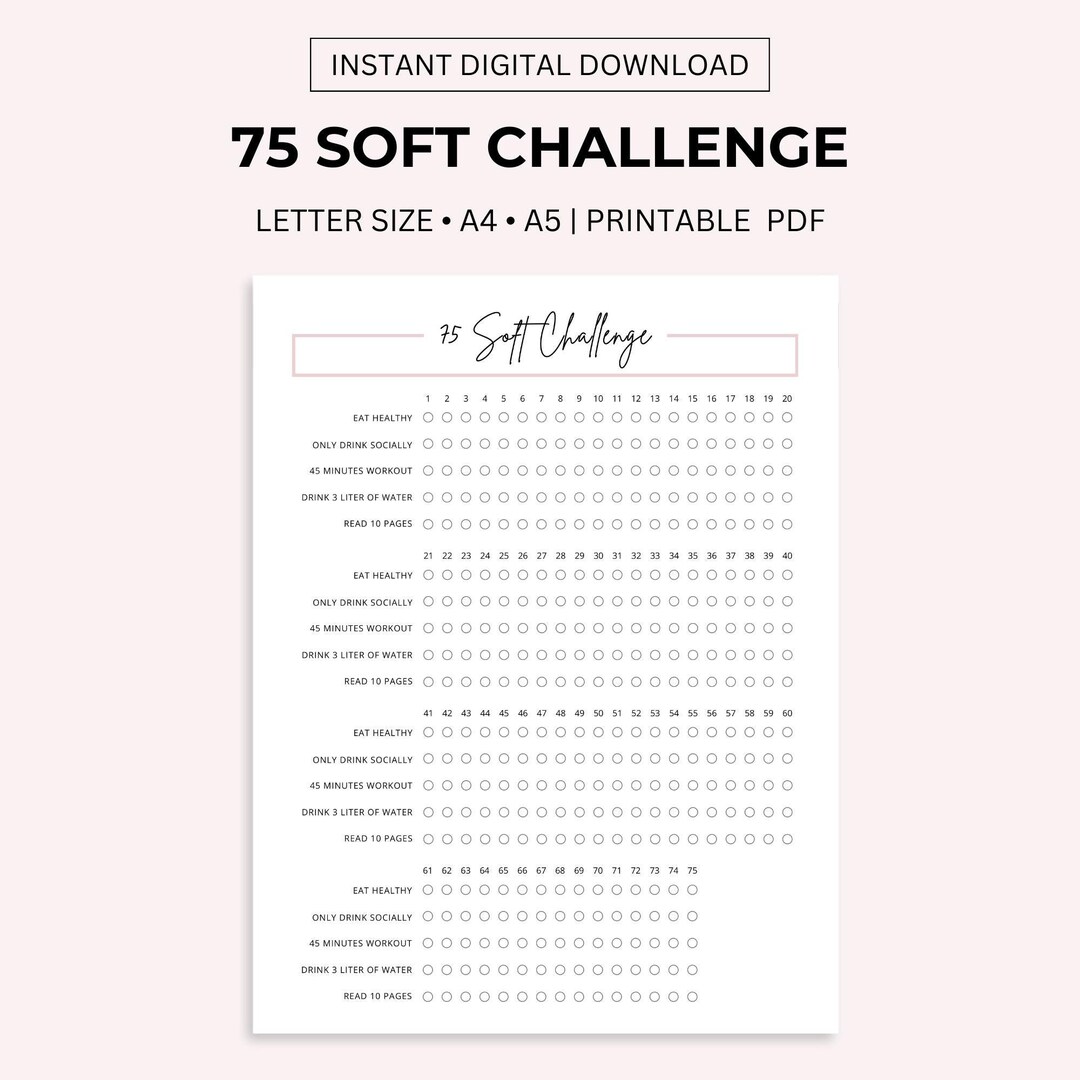 75 Day Challenge Tracker Printable, Daily 75 Soft Challenge Journal, 75 ...
