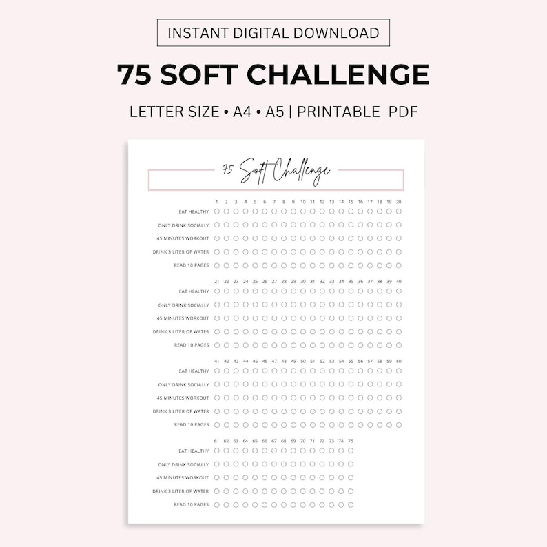75 Day Challenge Tracker Printable, Daily 75 Soft Challenge Journal, 75 ...