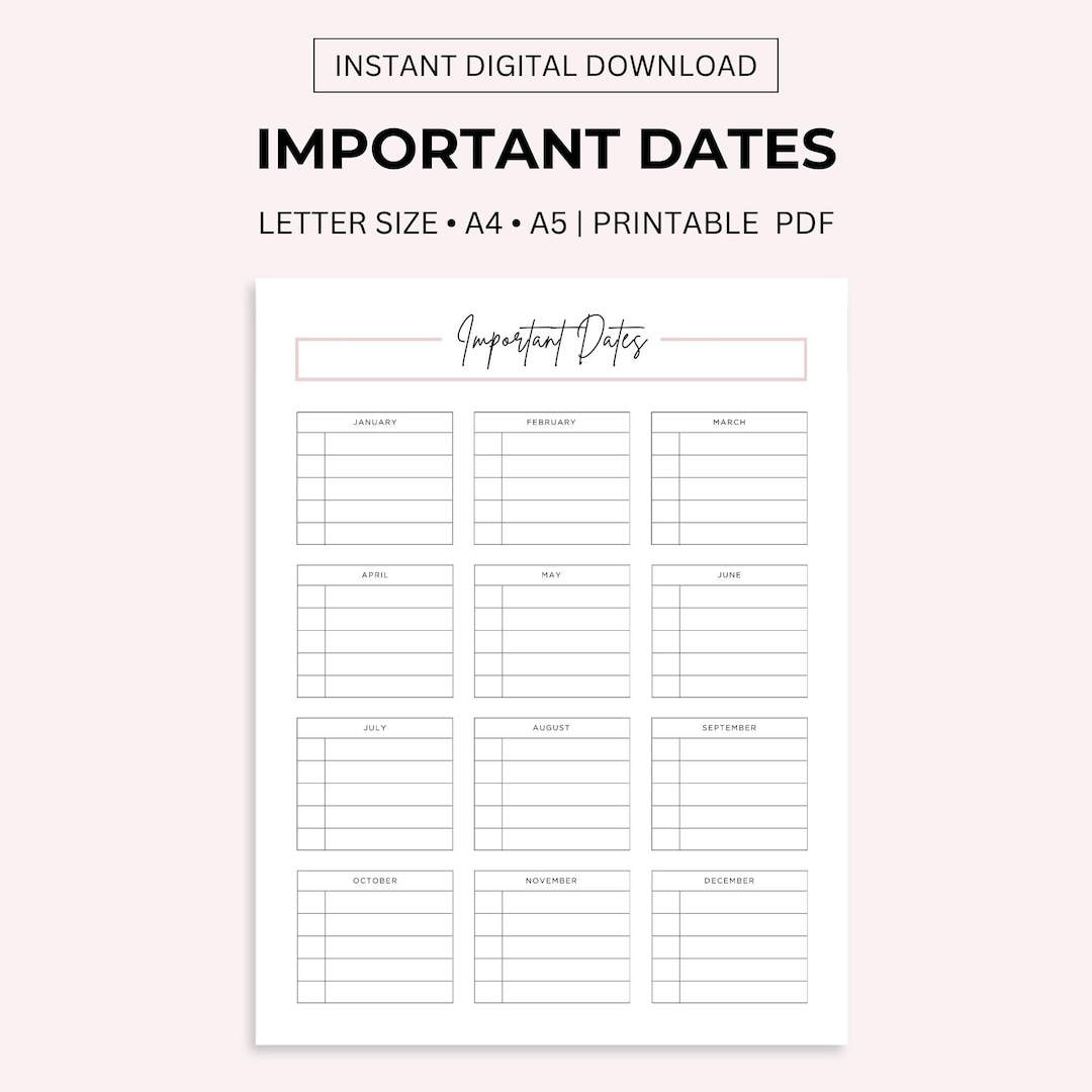 Important Dates Printable, Birthdays, Anniversaries, Travels, Parties ...