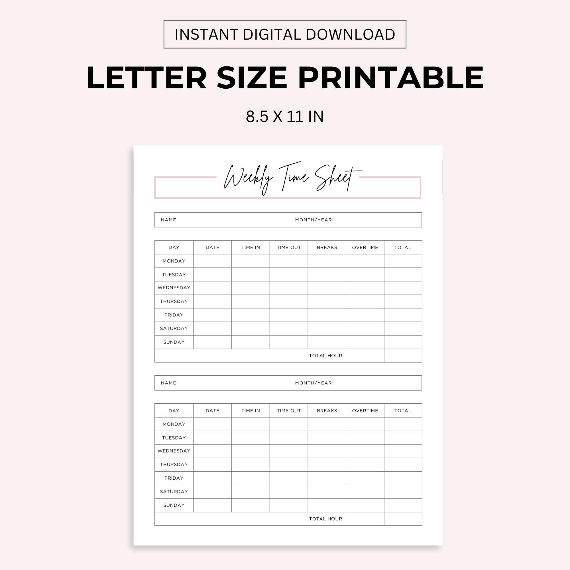 Weekly Time Sheet Printable: Work Hours Log (letter/a4/a5 PDF) - Etsy