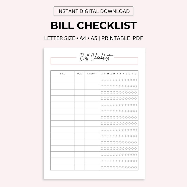 Yearly Bill Payment Tracker Printable, Bill Payment Checklist, Bill ...