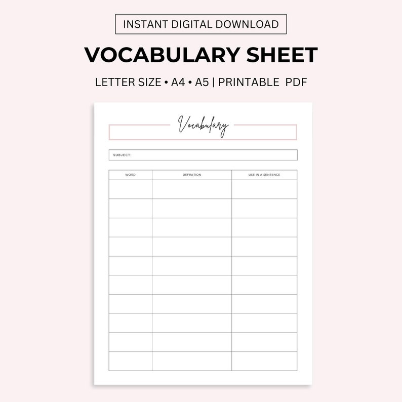 Vocabulary Worksheet Printable, Vocabulary Practice Sheet, Language ...