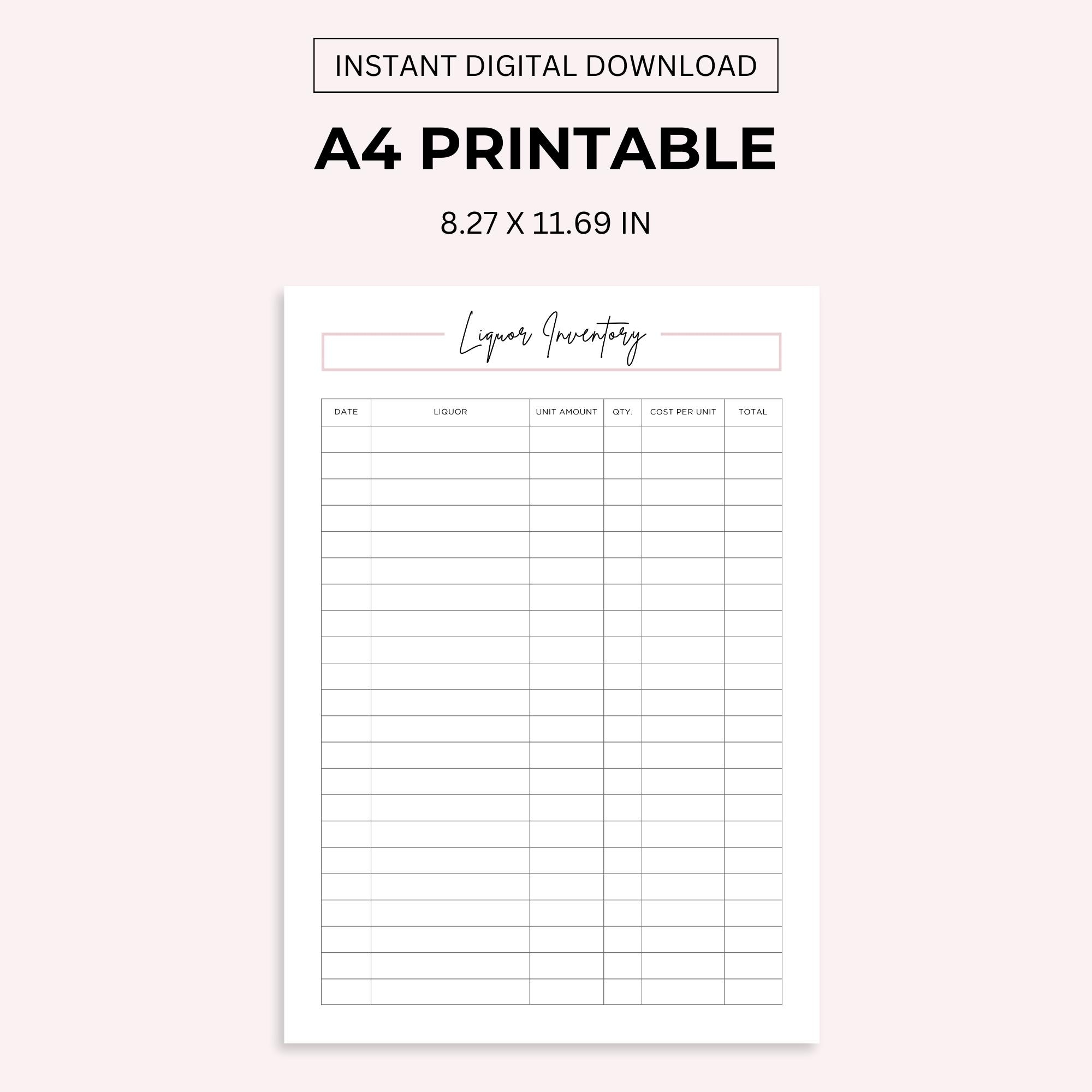 Liquor Inventory Printable, Bar Inventory, Cocktail Beverage Supply ...