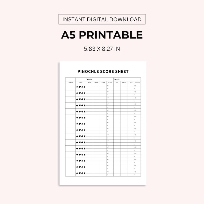 Pinochle Score Sheet: Printable Scorecard (letter/a4/a5 PDF) - Etsy