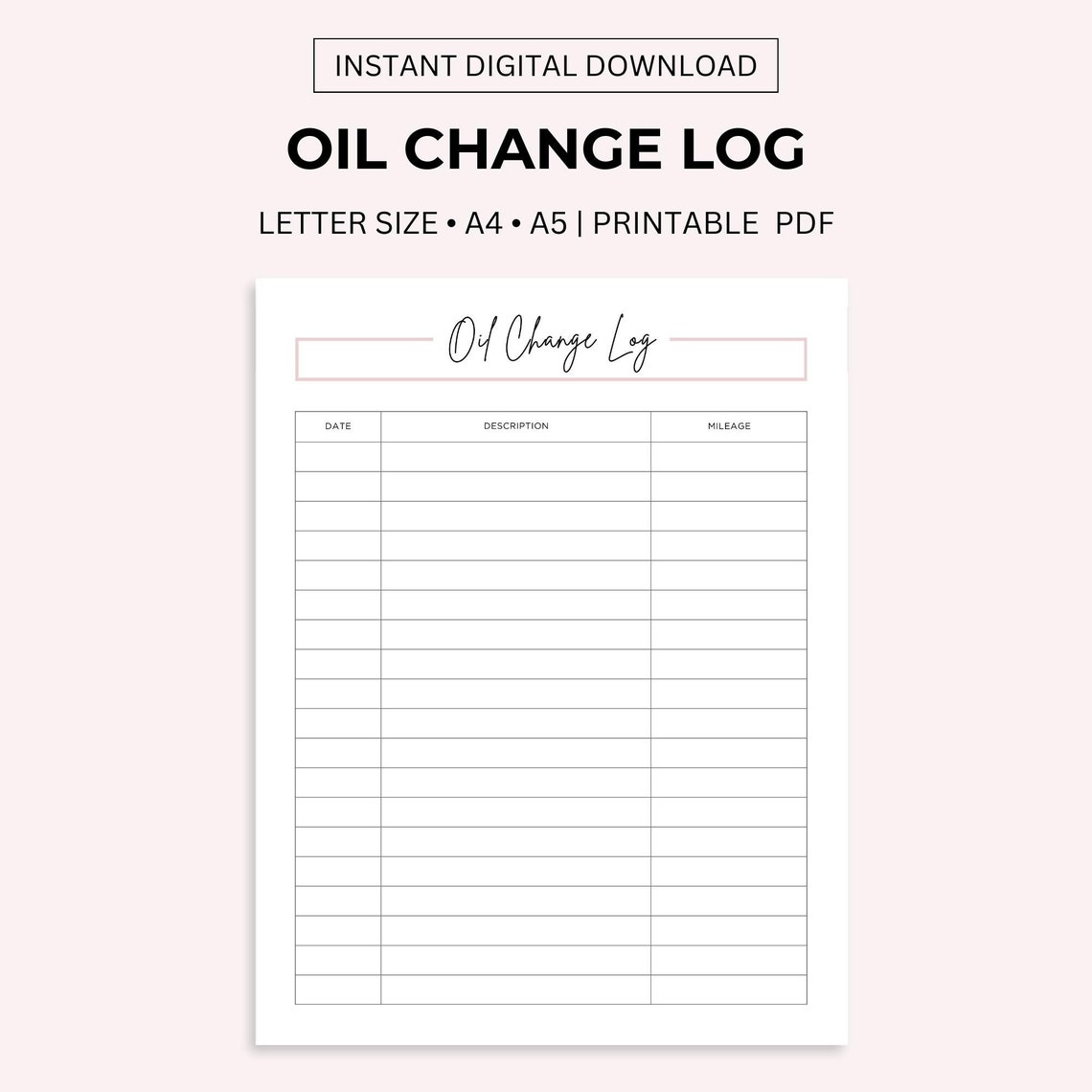 Oil Change Log Printable, Oil Change Tracker, Oil Change Record, Oil ...