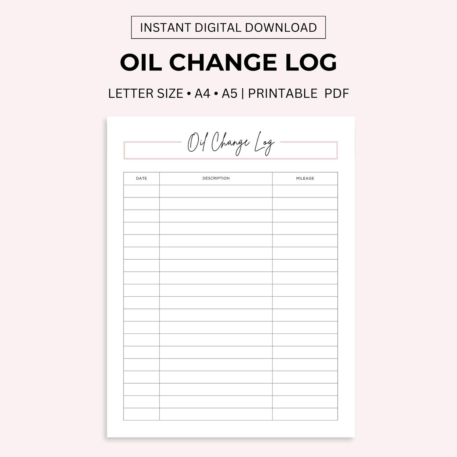 Oil Change Log Printable, Oil Change Tracker, Oil Change Record, Oil ...
