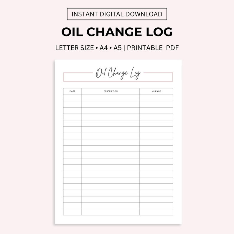 Oil Change Log Printable, Oil Change Tracker, Oil Change Record, Oil ...