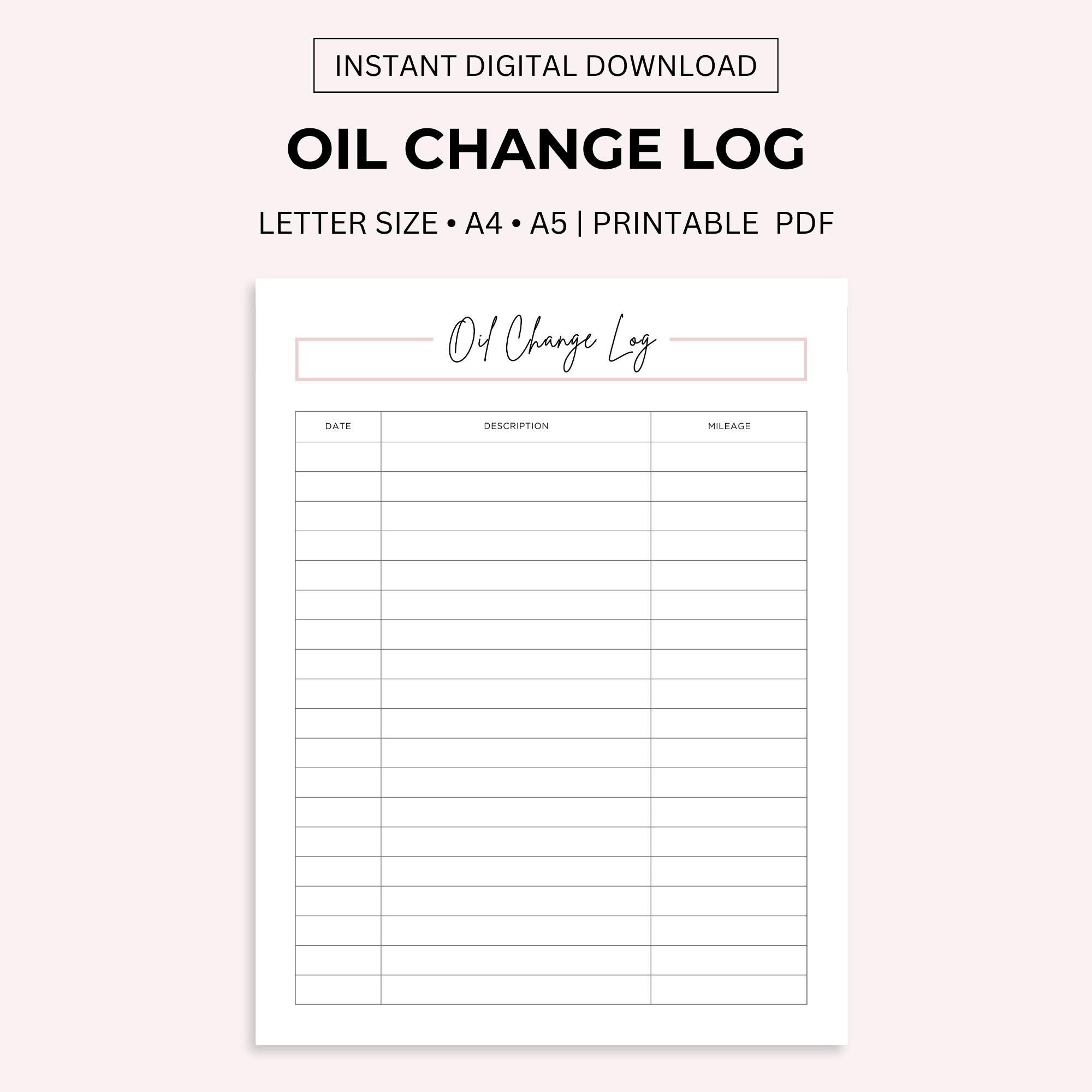 Oil Change Log Printable, Oil Change Tracker, Oil Change Record, Oil ...