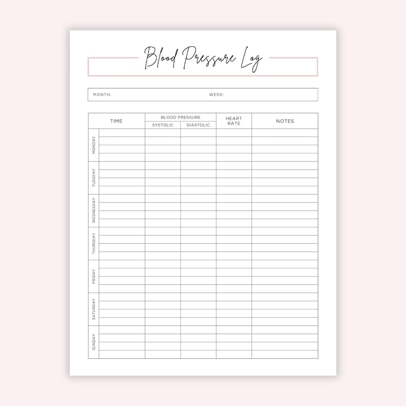 Blood Pressure Log Printable, High Blood Pressure Tracker, Hypotension ...