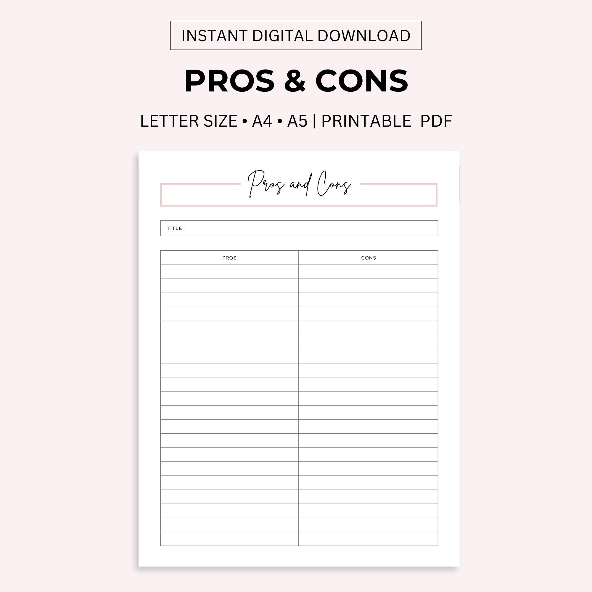 Pros and Cons List Printable, Planner Pages, Life Organizer - Etsy
