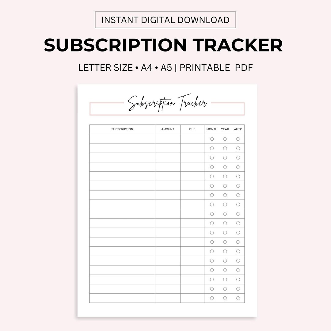 Subscription Tracker Printable, Membership Tracking, Account Tracker, Monthly Subscription ...